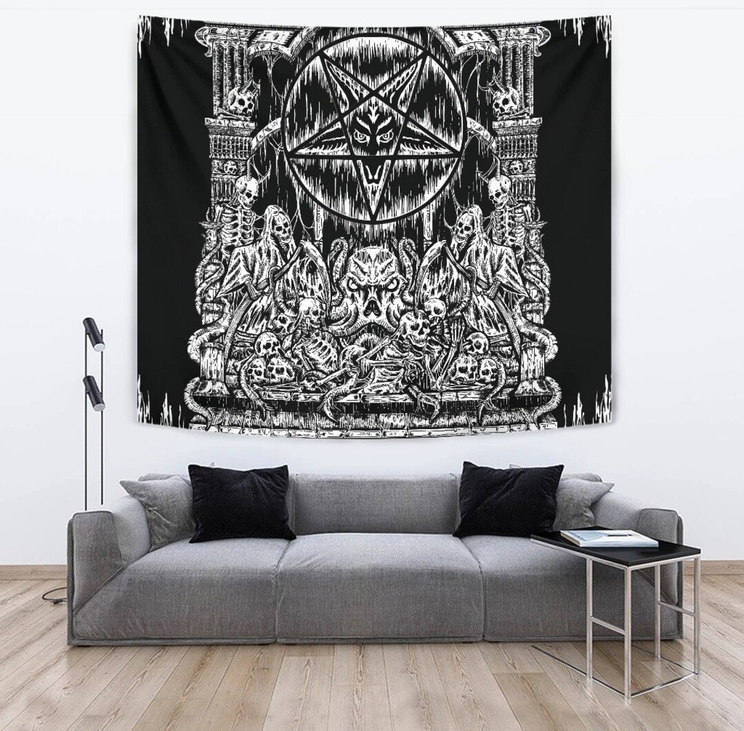 Skull Satanic Pentagram Shrine Huge Wall Tapestry-satanic Wall Decor ...