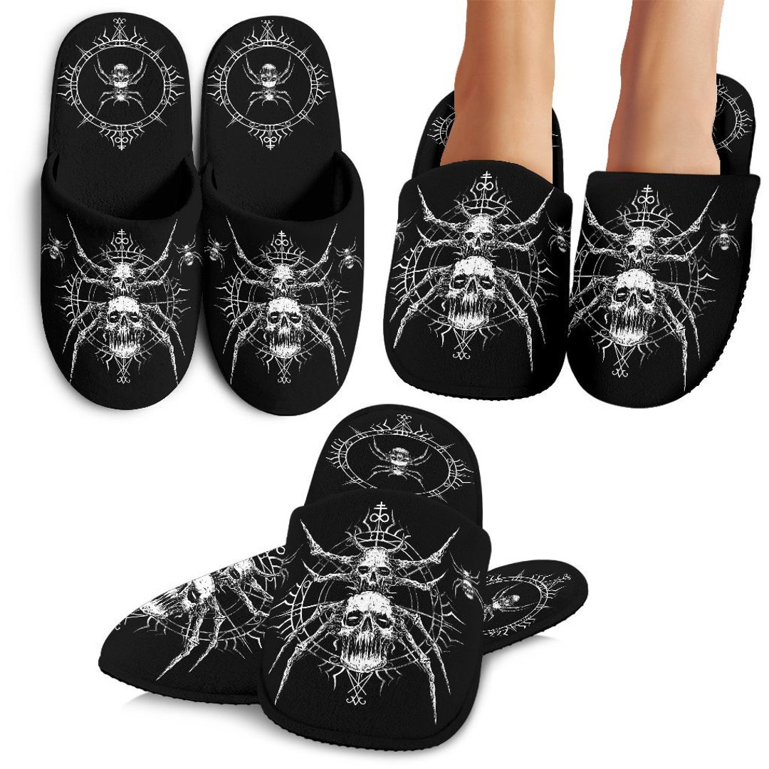Goth Skull Satanic Spider Cozy House Slippers Black and White Perfect ...