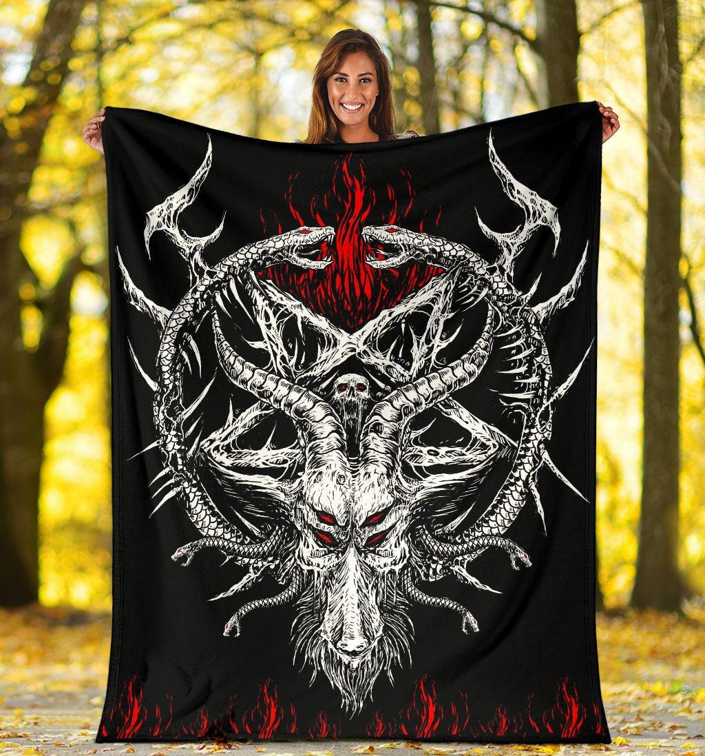 Skull Satanic Goat Satanic Pentagram Serpent Flame Blanket Black and ...
