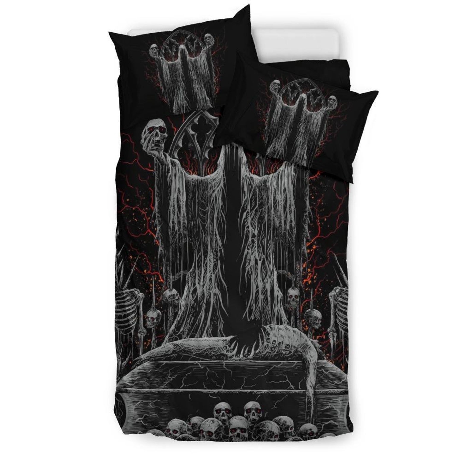 Skull Hooded Demon Impaled Coffin Shrine 3 Piece Duvet Set Silver Red ...