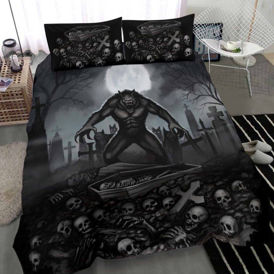 Skull Skeleton Werewolf Pack Creepy Moon Light Graveyard 3 Piece Duvet ...