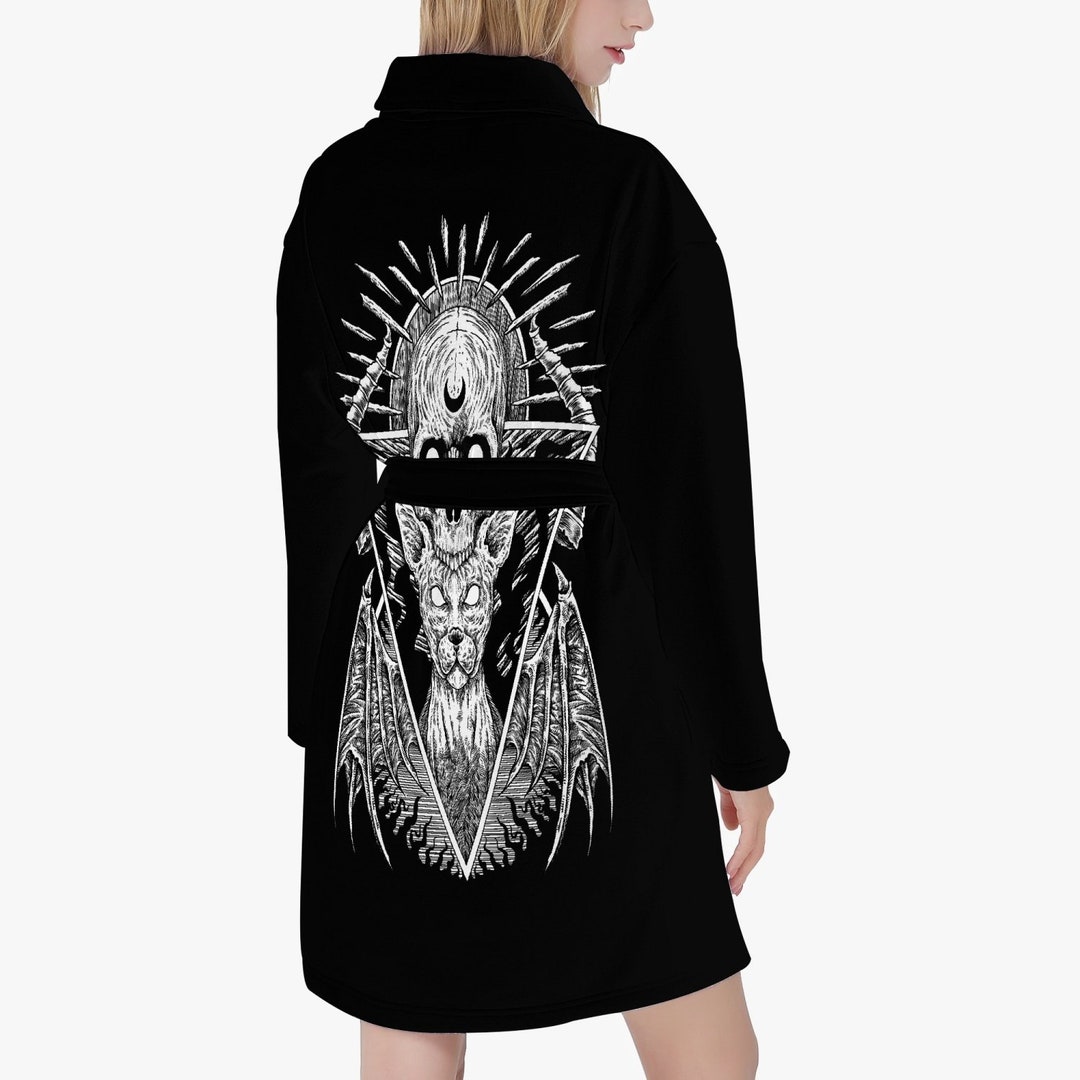 Skull Occult Goth Cat Women's Loose-fitting Bathrobe Black Sleeve ...