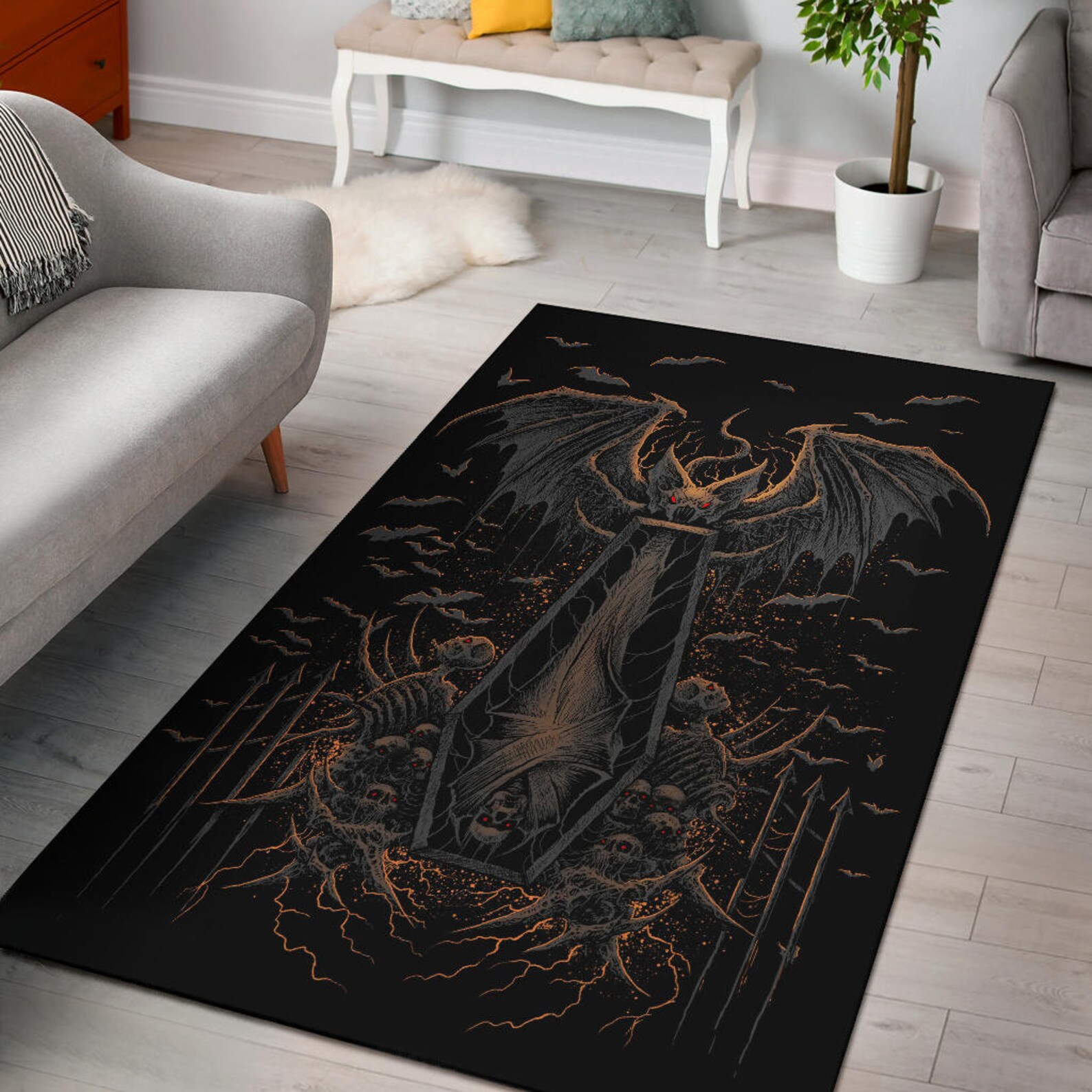 Skull Batwing Skeleton Coffin Shroud Area Rug Awesome Dark Version Red ...