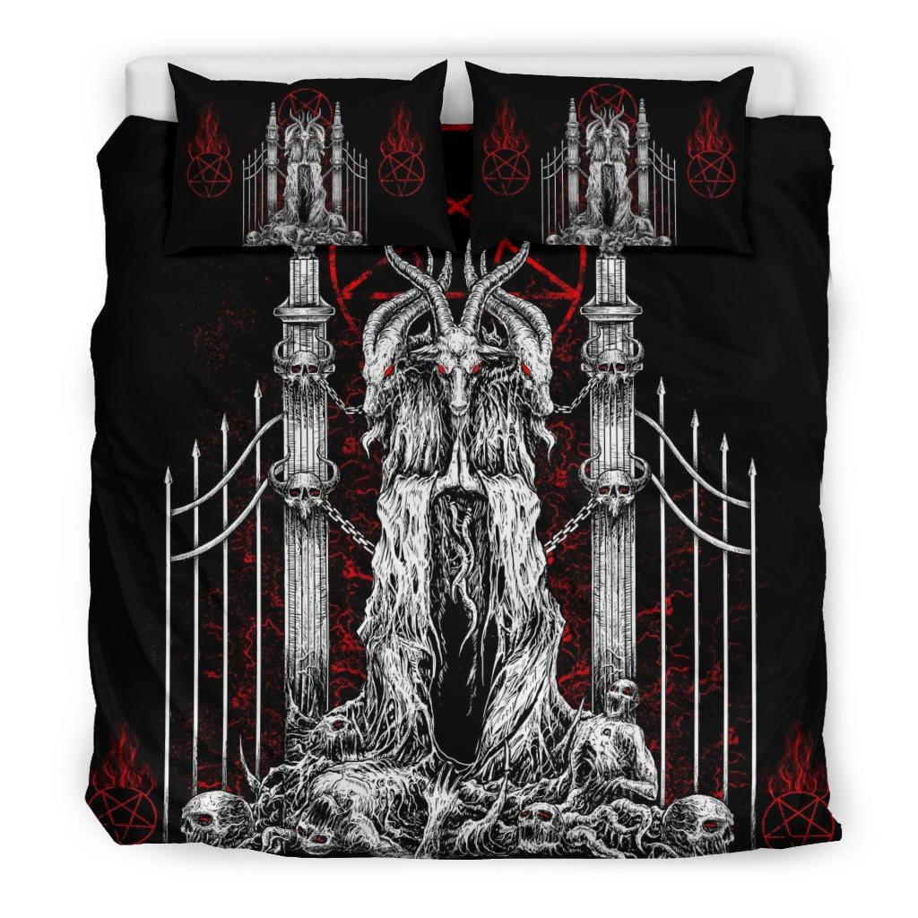 Skull Satanic Goat Satanic Pentagram Flame Welcome To Hells Gates 3 ...