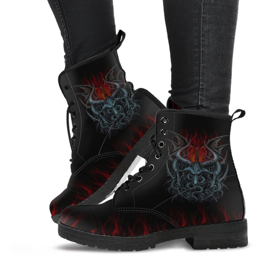 Skull Satanic Goat Demon Wing Leather Boots Color Flame-skull Satanic ...