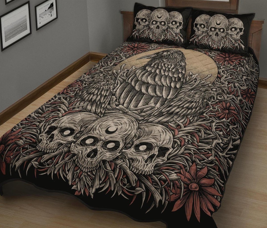 Skull Gothic Occult Crow Eye Quilt 3 Piece Set Wide Color Version-skull ...