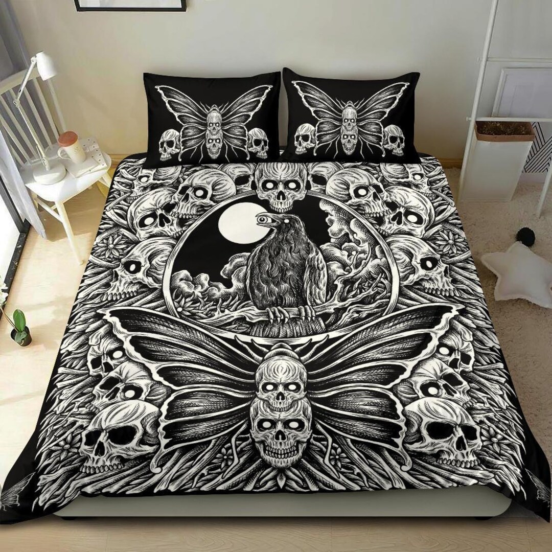 Skull Occult Crow Moth 3 Piece Duvet Set Black and White Version-skull ...