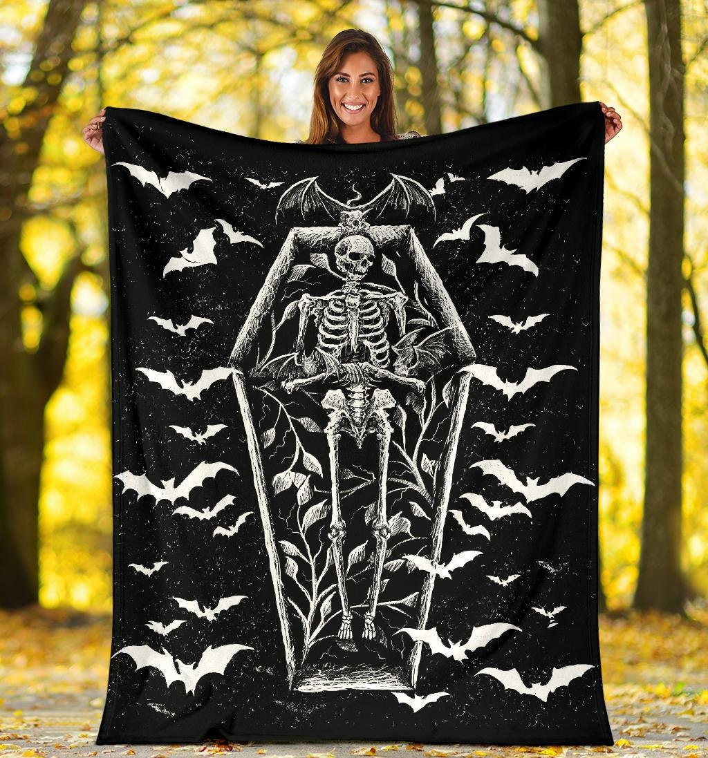 Bat Skull Skeleton Coffin Shrine Blanket Black and White Home - Etsy