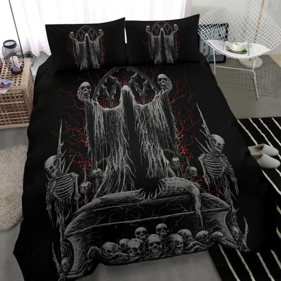 Skull Hooded Demon Impaled Coffin Shrine 3 Piece Duvet Set Silver Red ...