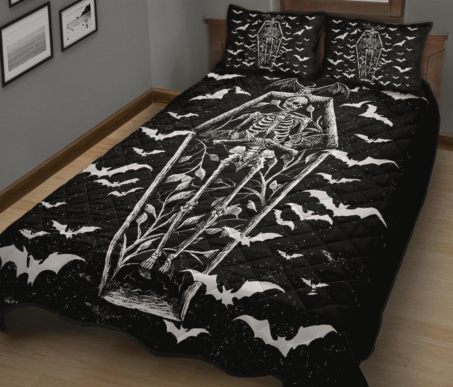 Bat Skull Skeleton Coffin Shrine 3 Piece Quilt Black and - Etsy