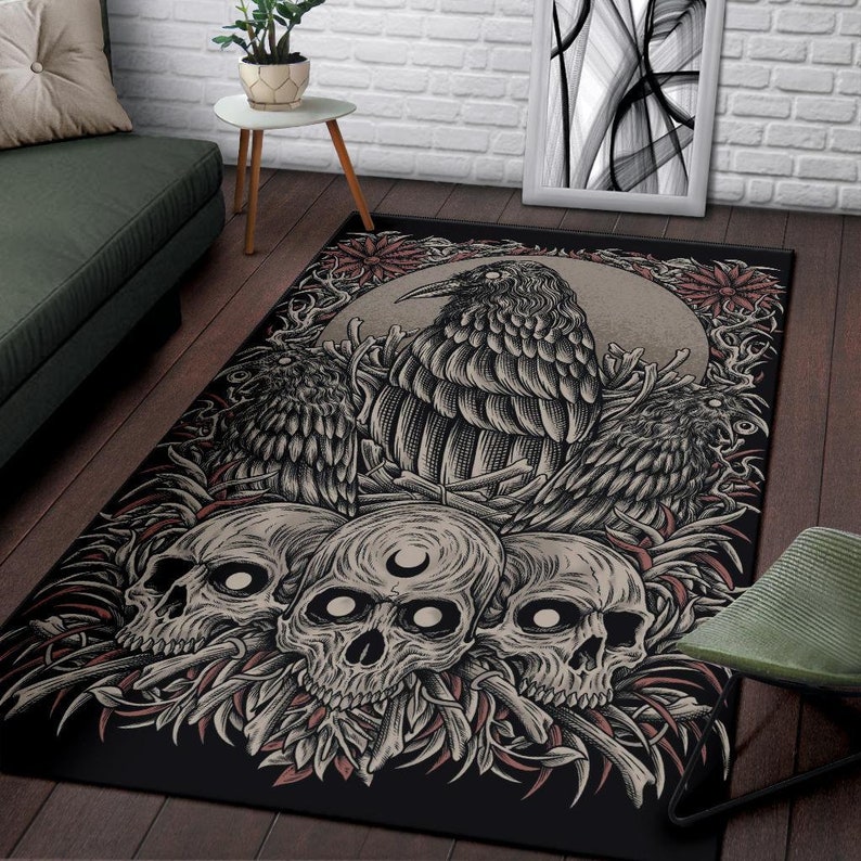 Skull Gothic Occult Crow Area Rug Color Version-skull Goth - Etsy
