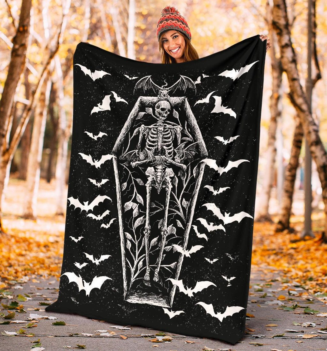 Bat Skull Skeleton Coffin Shrine Blanket Black and White Home - Etsy