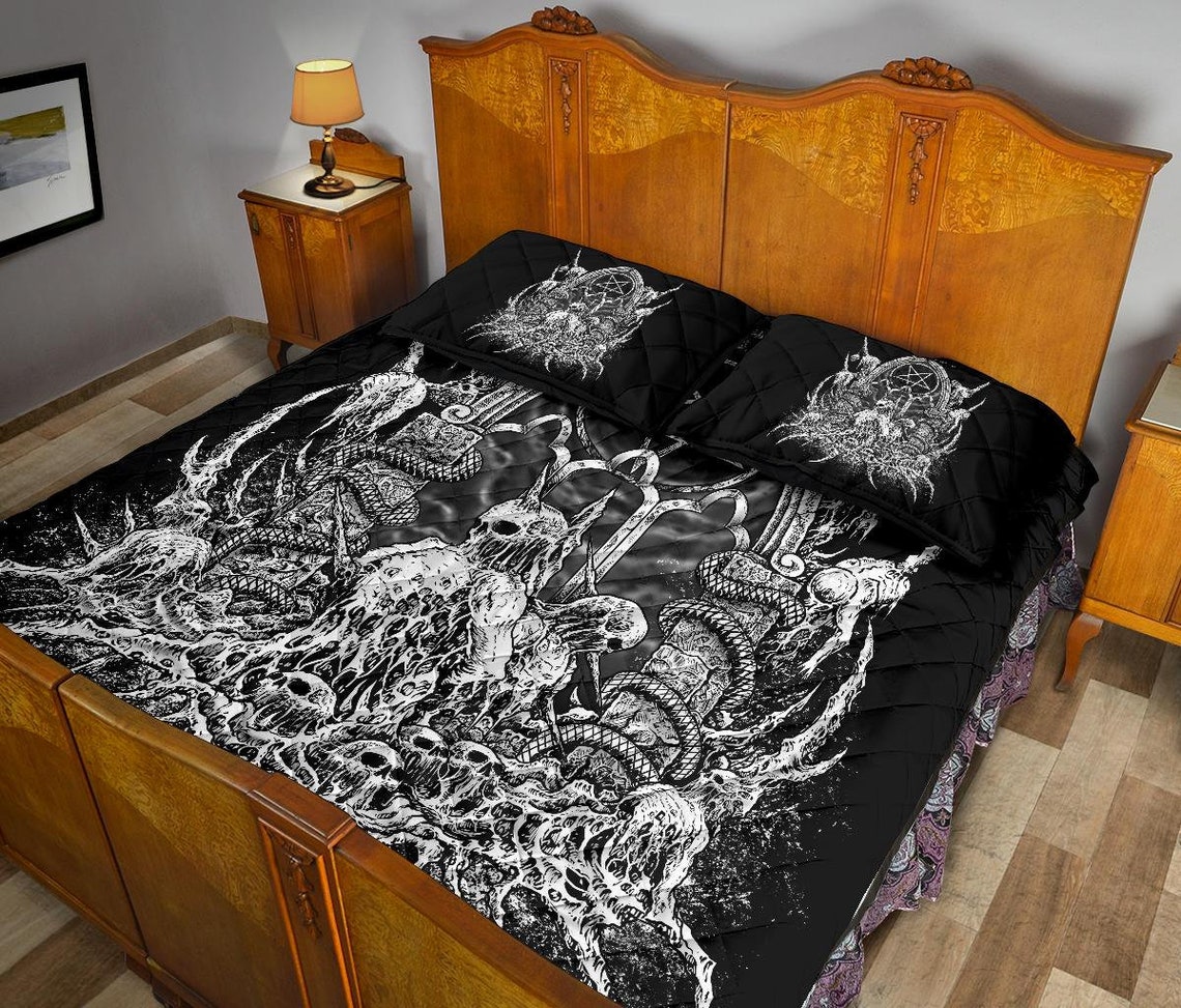 Skull Skeleton Satanic Pentagram Shrine Quilt 3 Piece Bed Set Black and ...