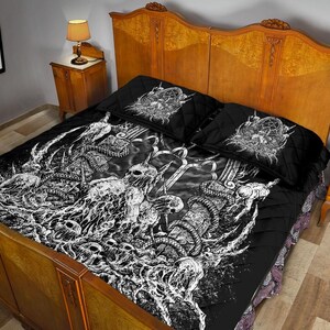 Skull Skeleton Satanic Pentagram Shrine Quilt 3 Piece Bed Set Black and ...