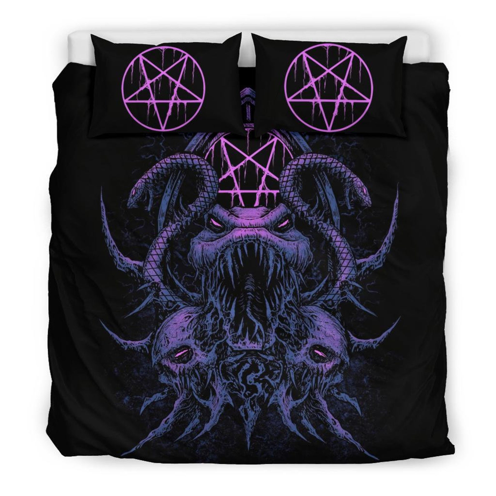 Skull Demon Serpent Satanic Pentagram 3 Piece Duvet Set Night Blue Pink ...