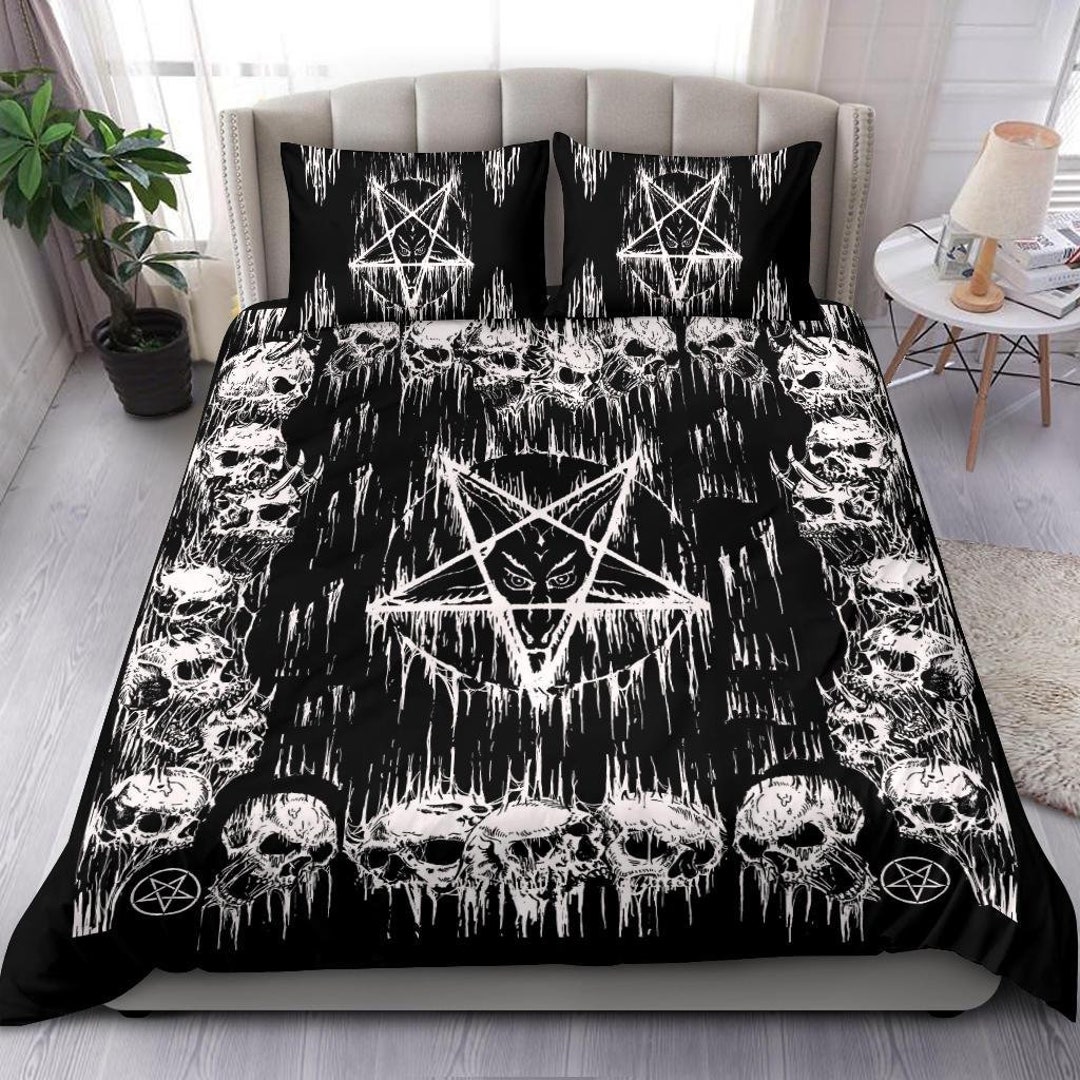 Satanic Skull Melting Inverted Pentagram 3 Piece Duvet Set-baphomet Bed ...