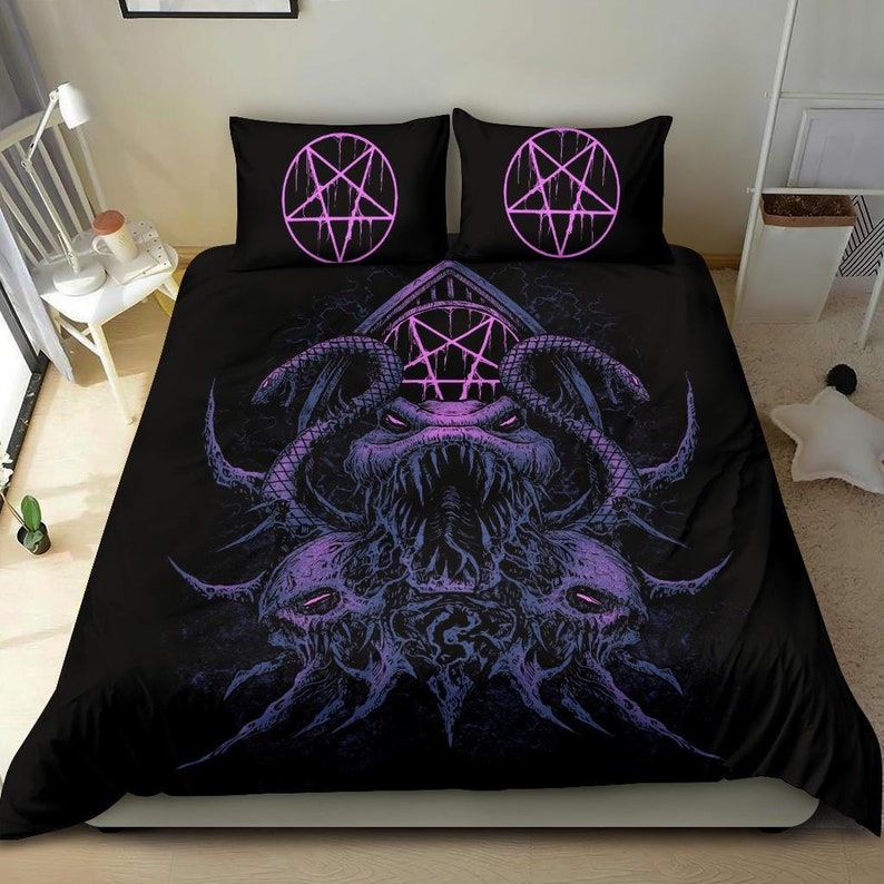 Skull Demon Serpent Satanic Pentagram 3 Piece Duvet Set Night Blue Pink ...