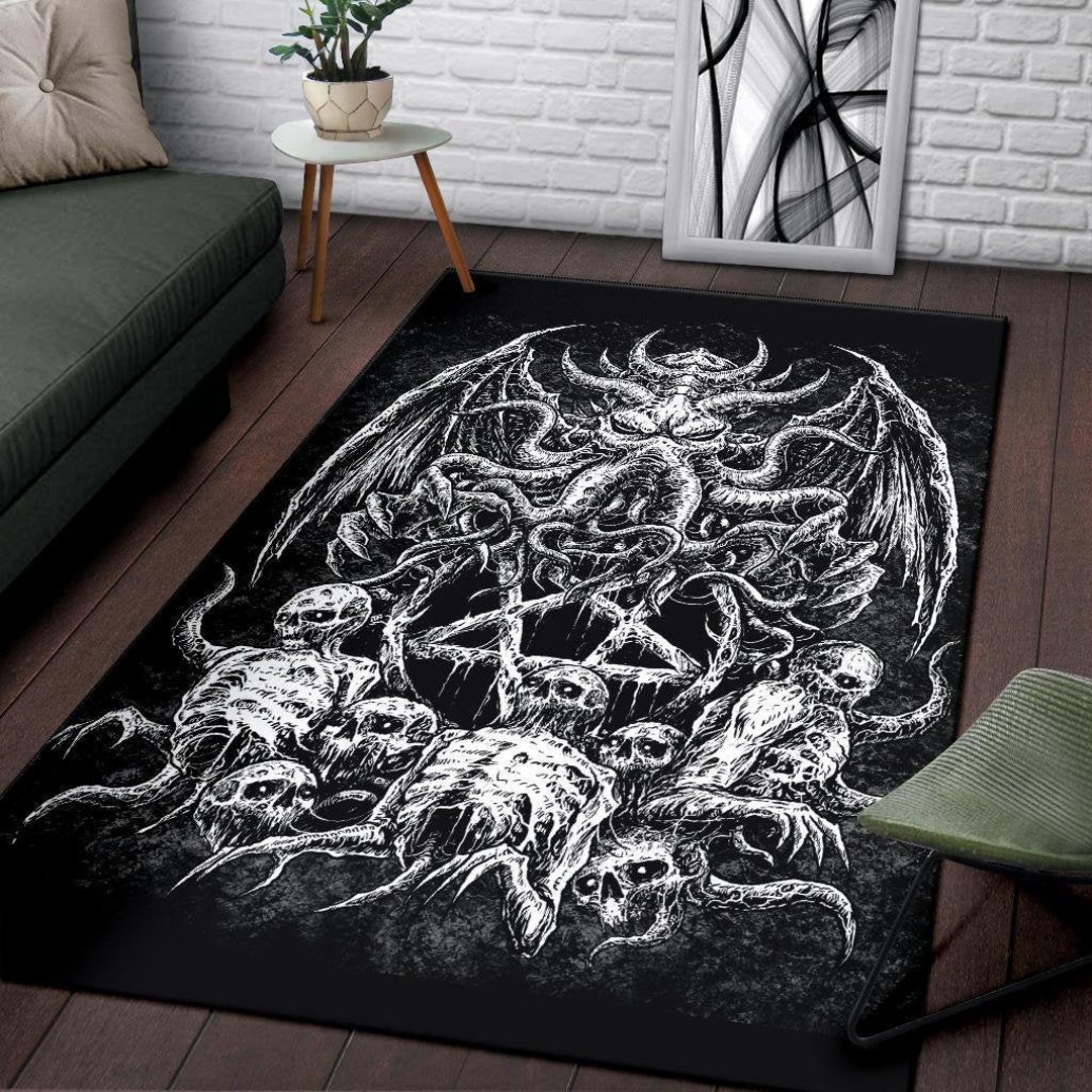 Skull Skeleton Demon Octopus Satanic Pentagram Area Rug Black and White ...