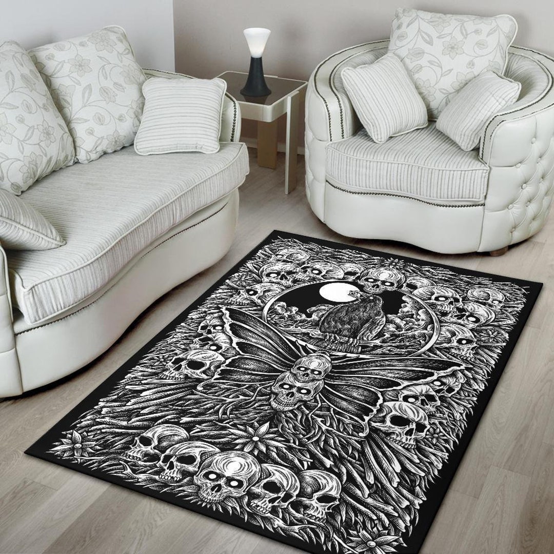 Skull Occult Crow Moth Area Rug Black and White Version-skull Gothic ...