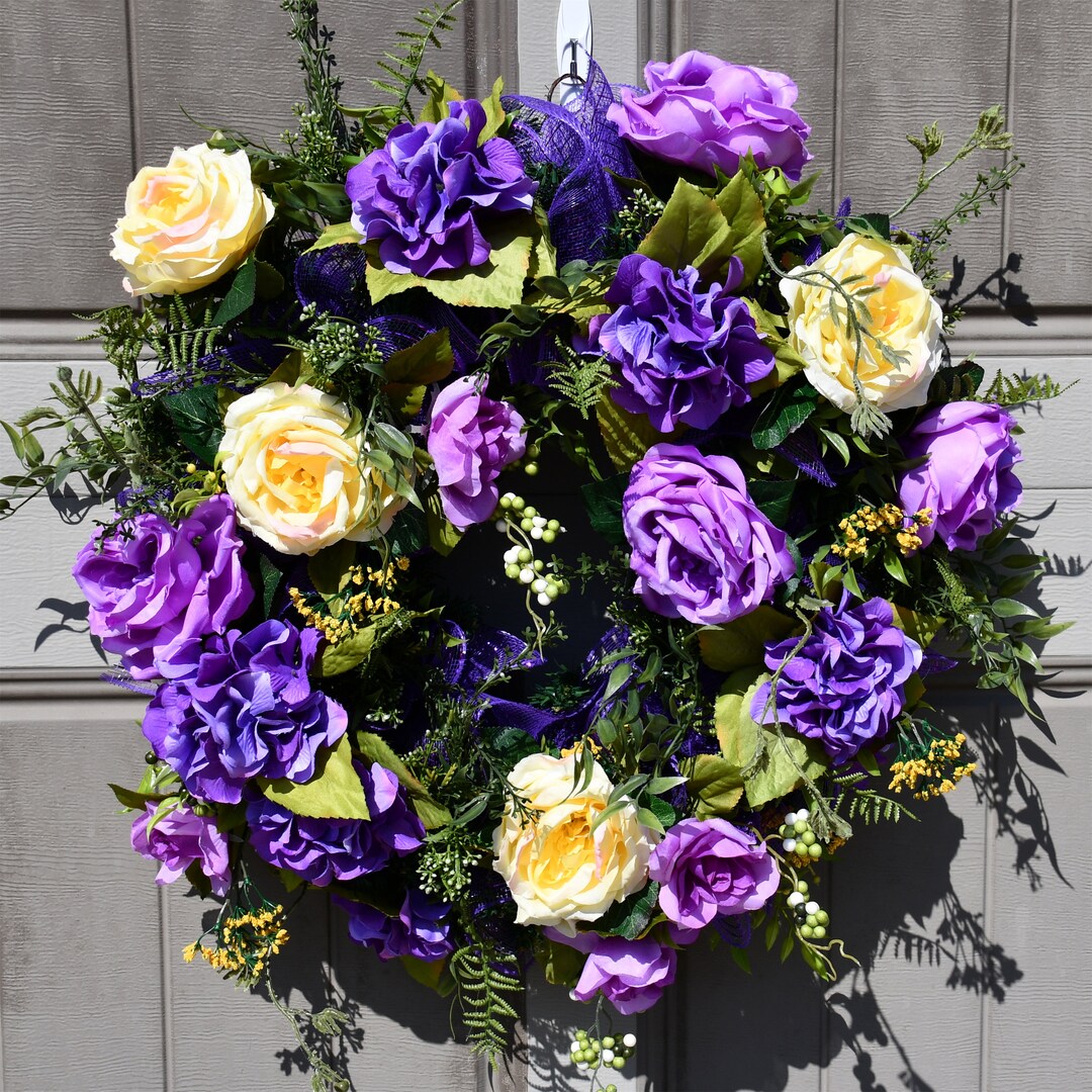 Bright Floral Wreath: Purple Roses & Hybiscus, Spring Summer Door Decor ...