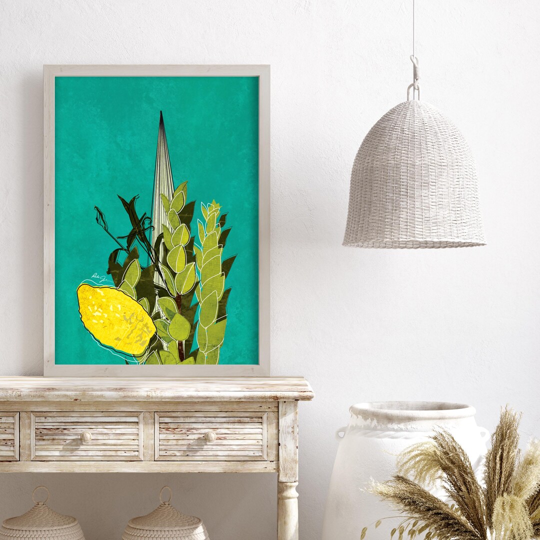 Sukkot Art Print, the Four Species on Blue, Modern Jewish Home Decor - Etsy