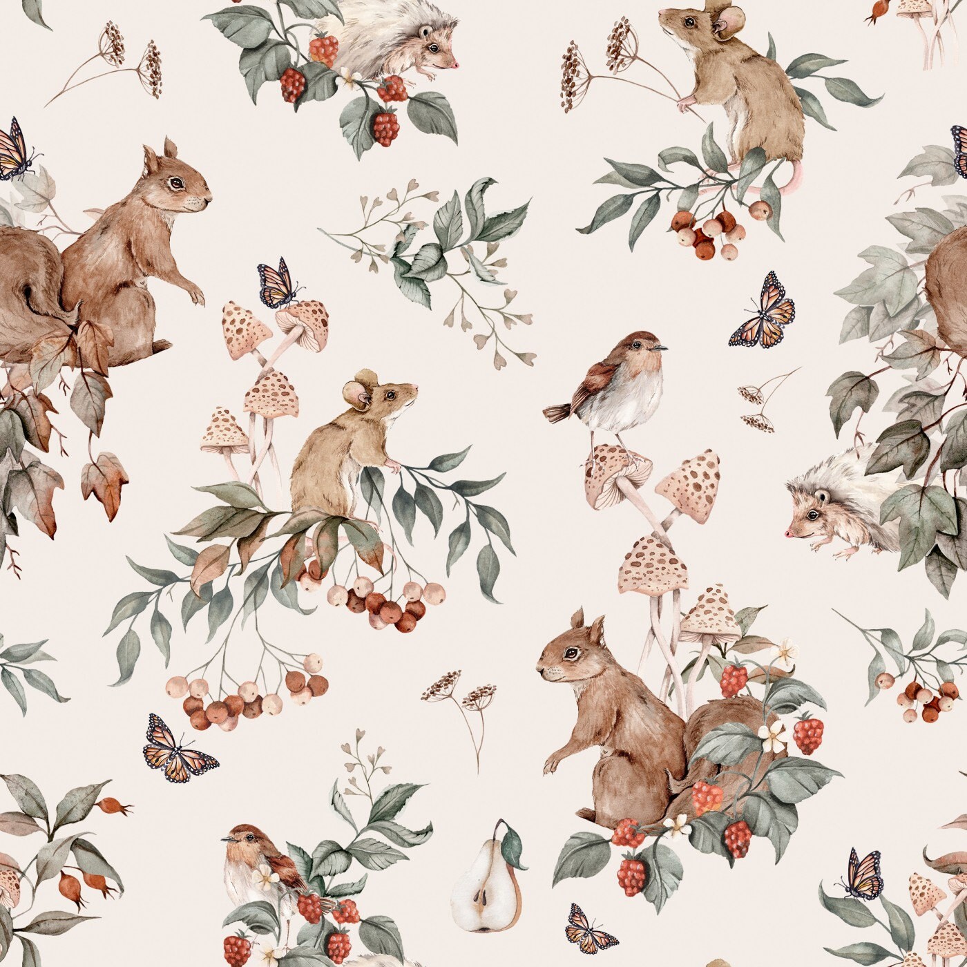 100% Cotton Woven Fabric, Painted Woodland Animals (squirrel, Hedgehog ...