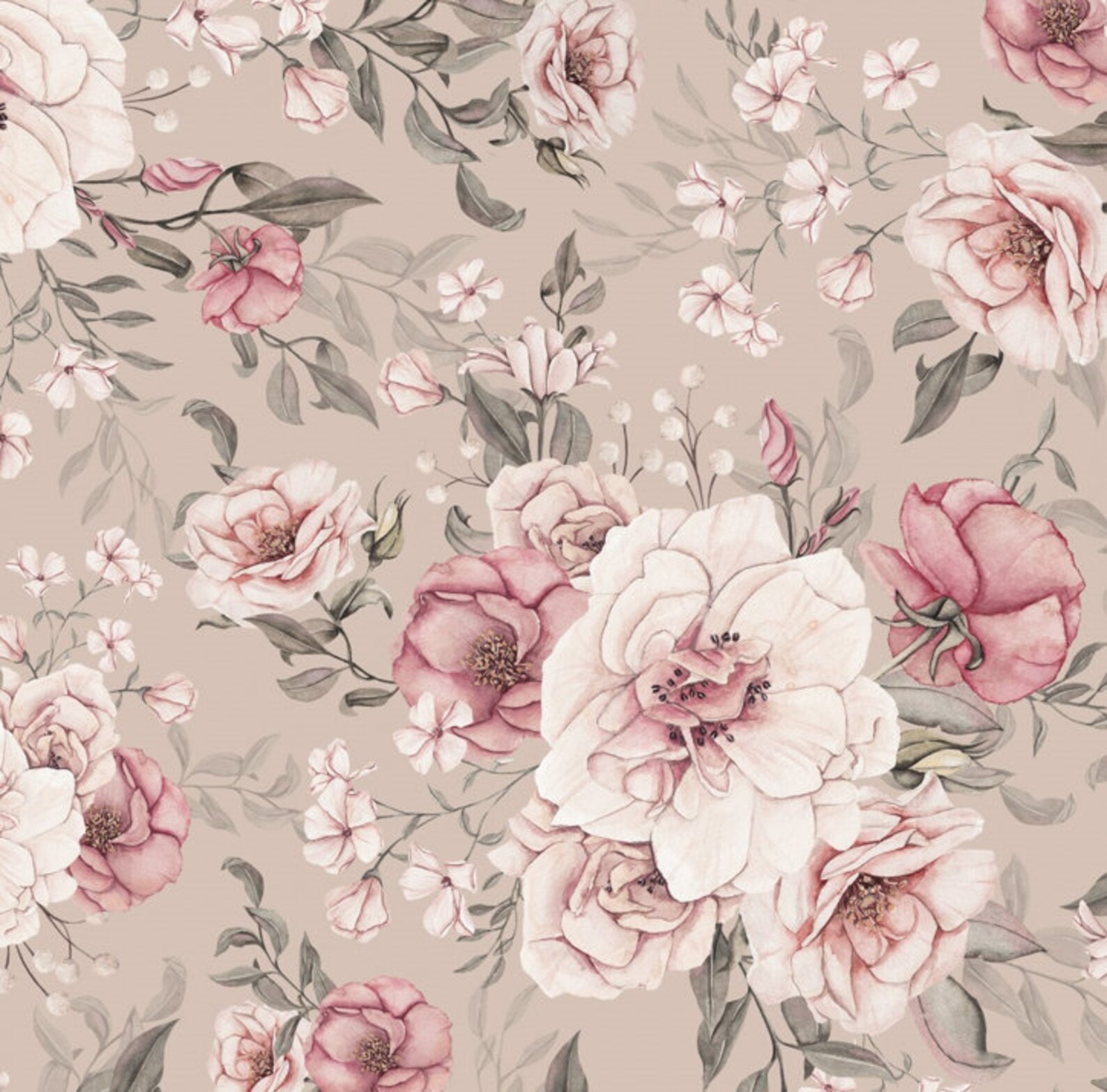Spring Floral Flower Fabric Roses Blossoms Country House Beige ...
