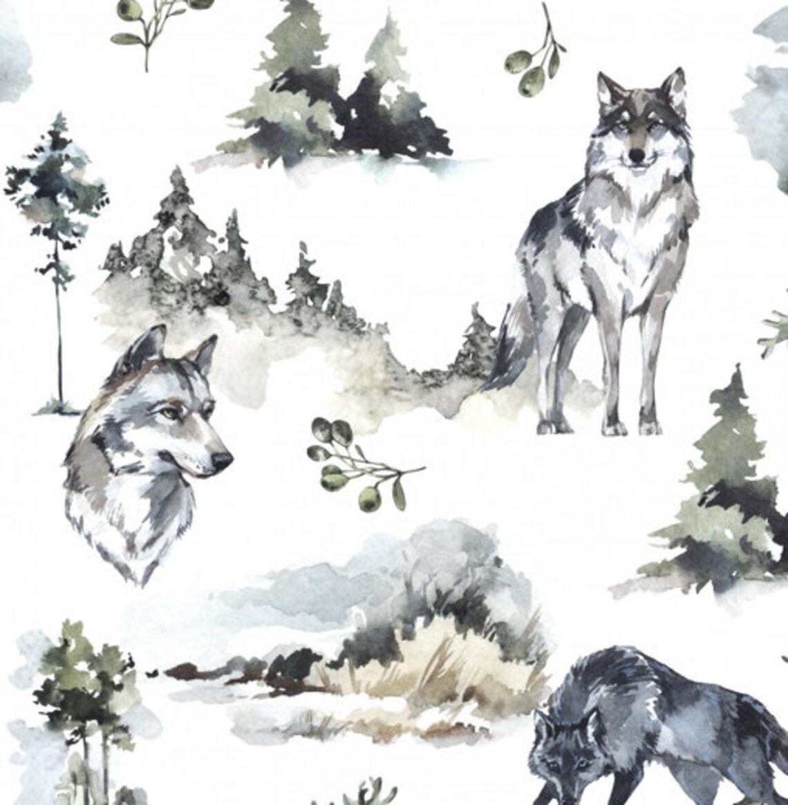 Wolf Animal Fabric Forest Grey Green + Optionally Cotton, Sweat, Jersey ...
