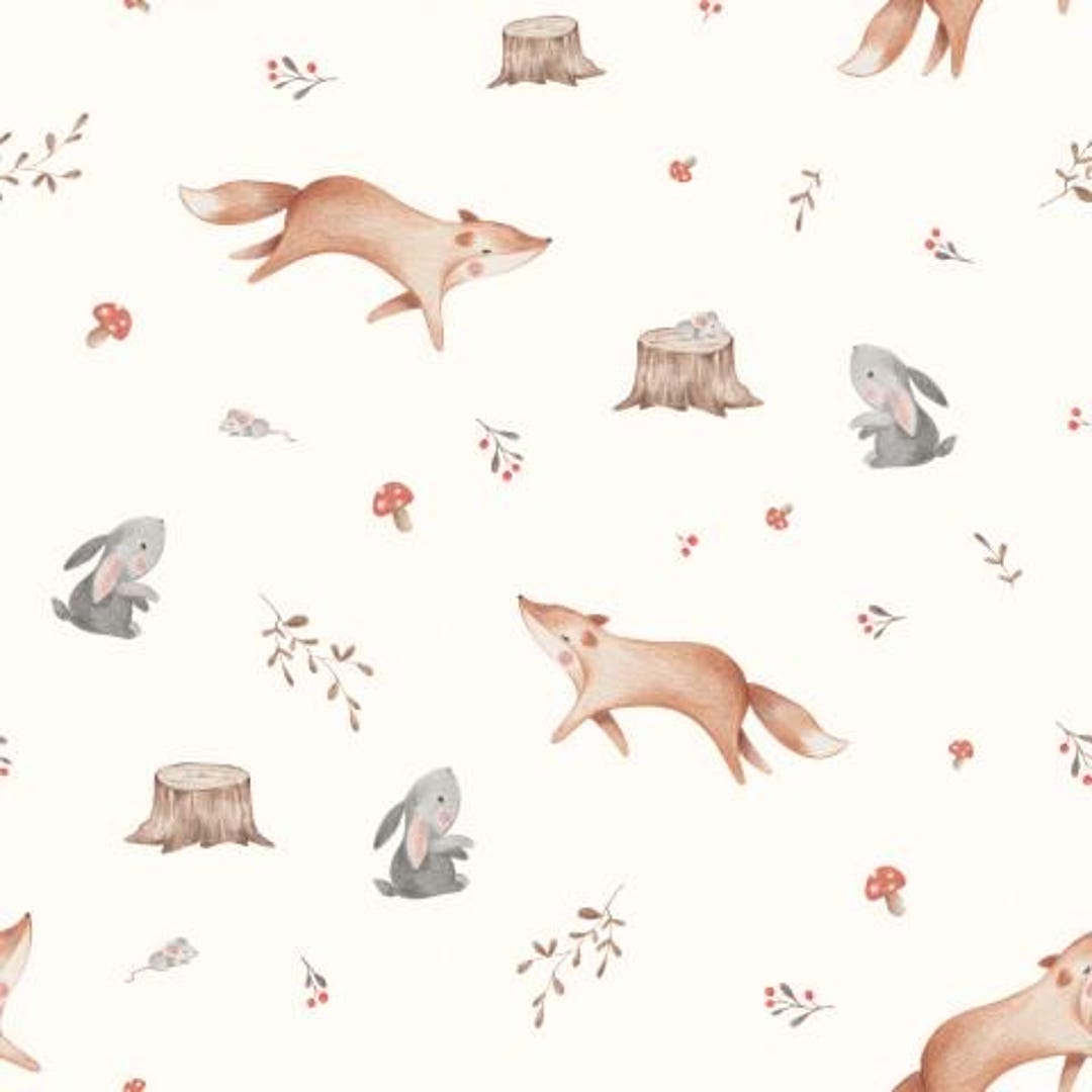 Forest Animals Animal Motif Children's Fabric Fox and Rabbit Mushrooms ...