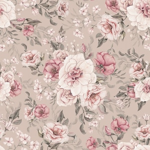 Spring Floral Flower Fabric Roses Blossoms Country House Beige ...