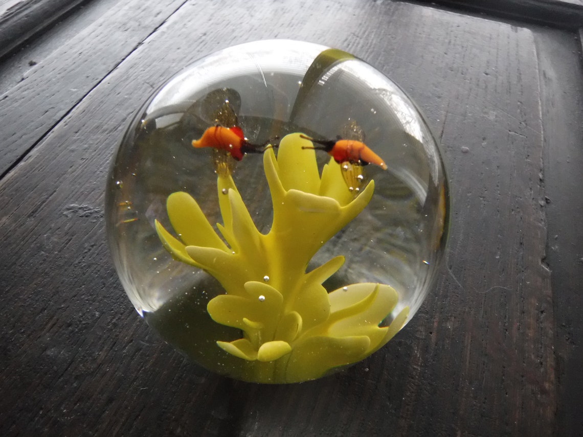 Gorgeous Clear Glass Paperweight With Yellow Flower and Two Bees - Etsy