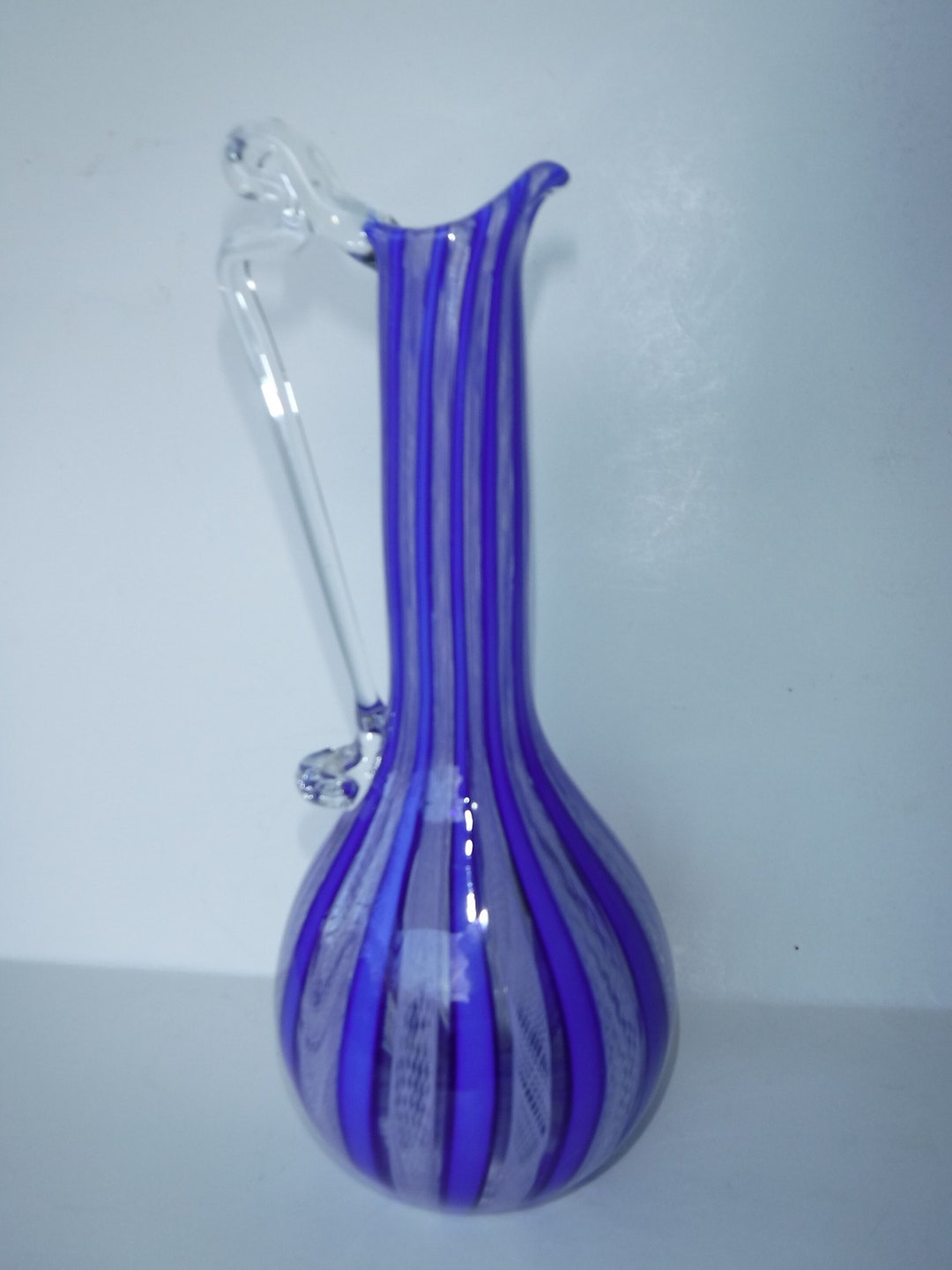 Beautiful Venetian Murano Glass Latticino Ribbon in Blue / White Jug ...