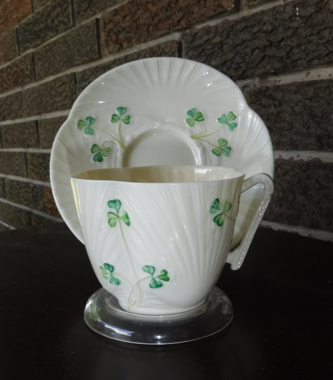 Belleek Tea Cup and Saucer Irish Shamrock Green Mark - Etsy
