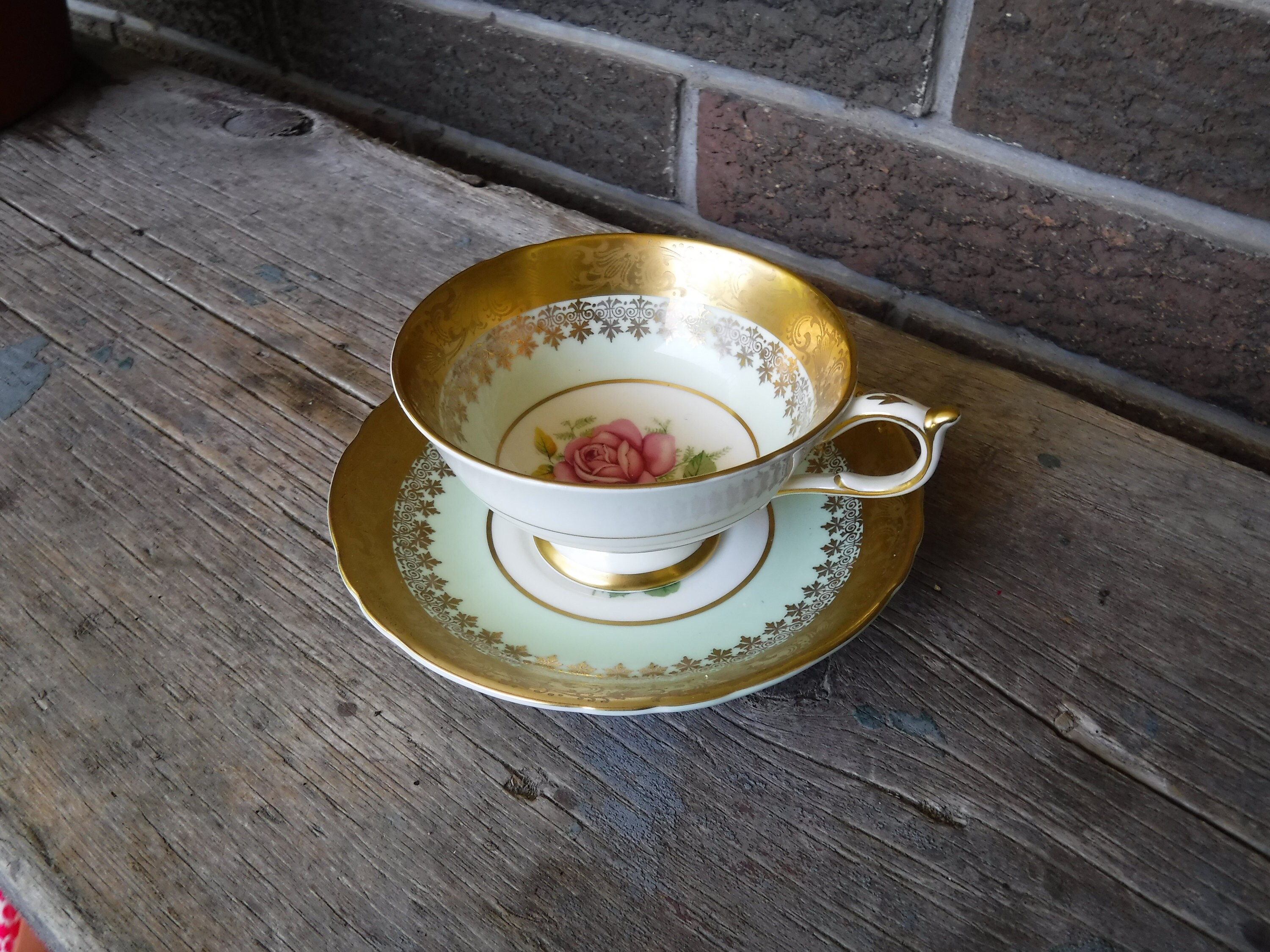 Vintage Paragon Mint Green Heavy Gold Pink Cabbage Rose Tea Cup and ...