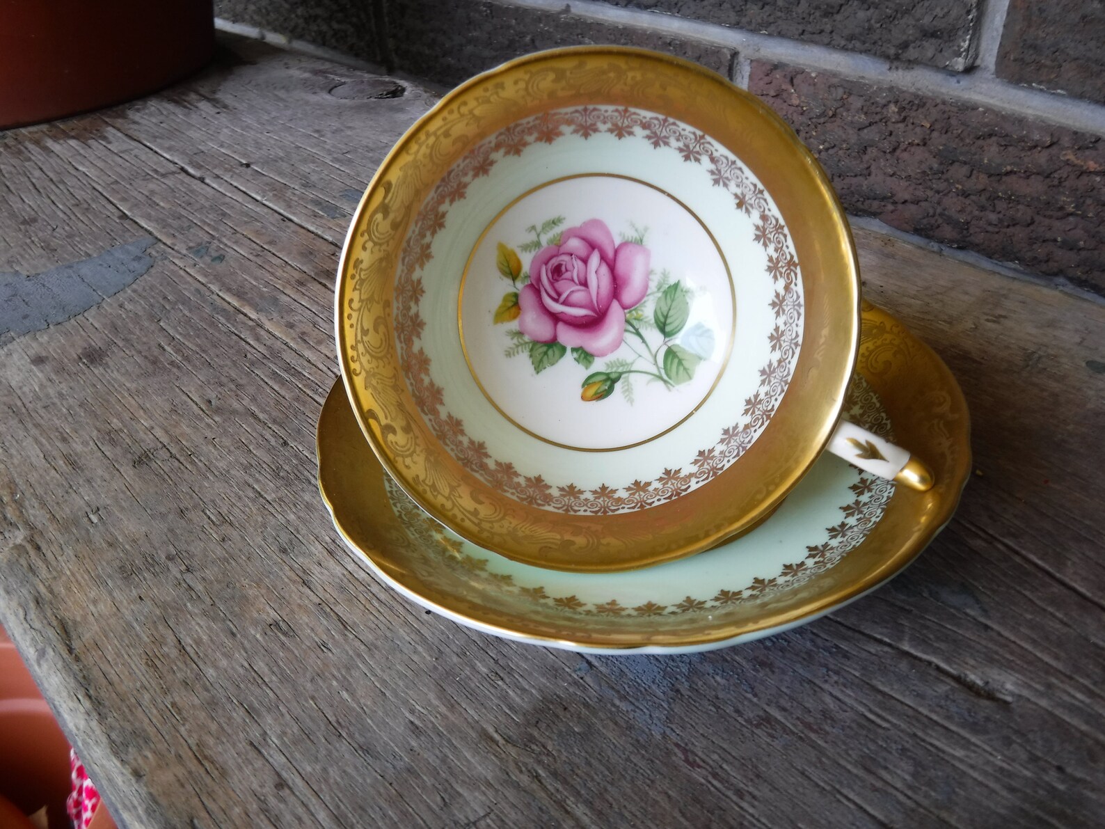 Vintage Paragon Mint Green Heavy Gold Pink Cabbage Rose Tea Cup and ...