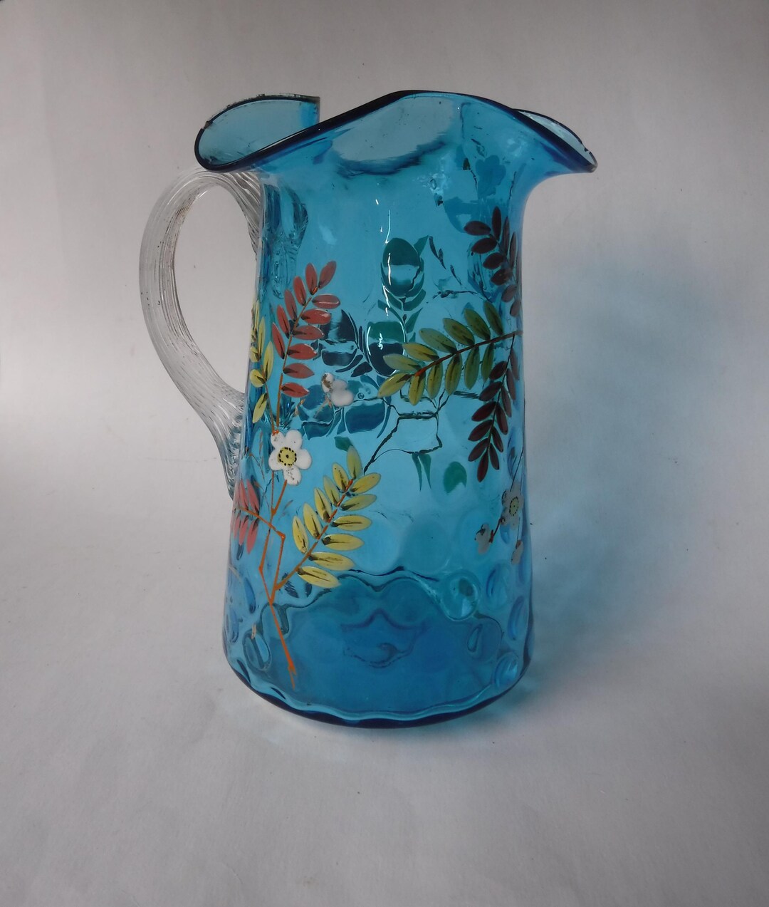 Vintage Hand Painted Victorian Thumb Print Blue Glass Pitcher - Etsy