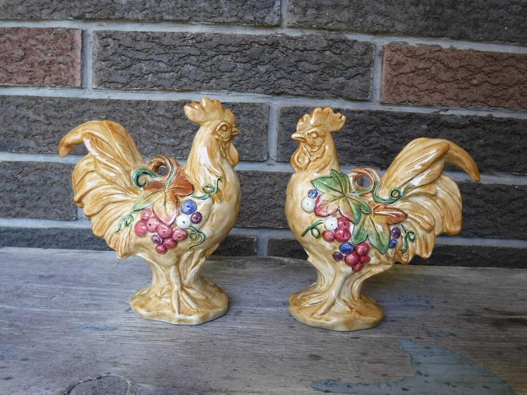 Vintage Pair of Fitz & Floyd Tuscan Villa Rooster Figurine Salt and ...