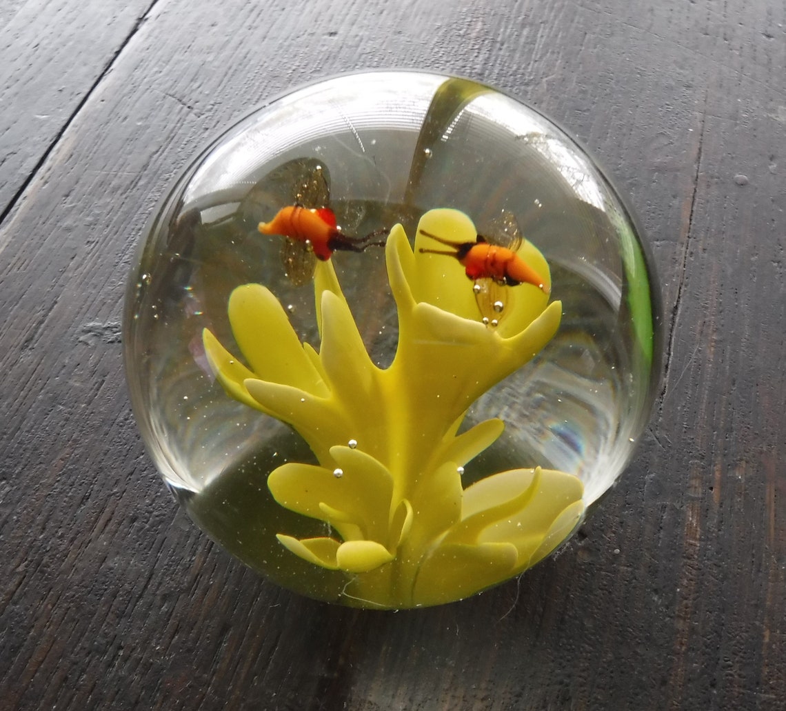 Gorgeous Clear Glass Paperweight With Yellow Flower and Two Bees - Etsy
