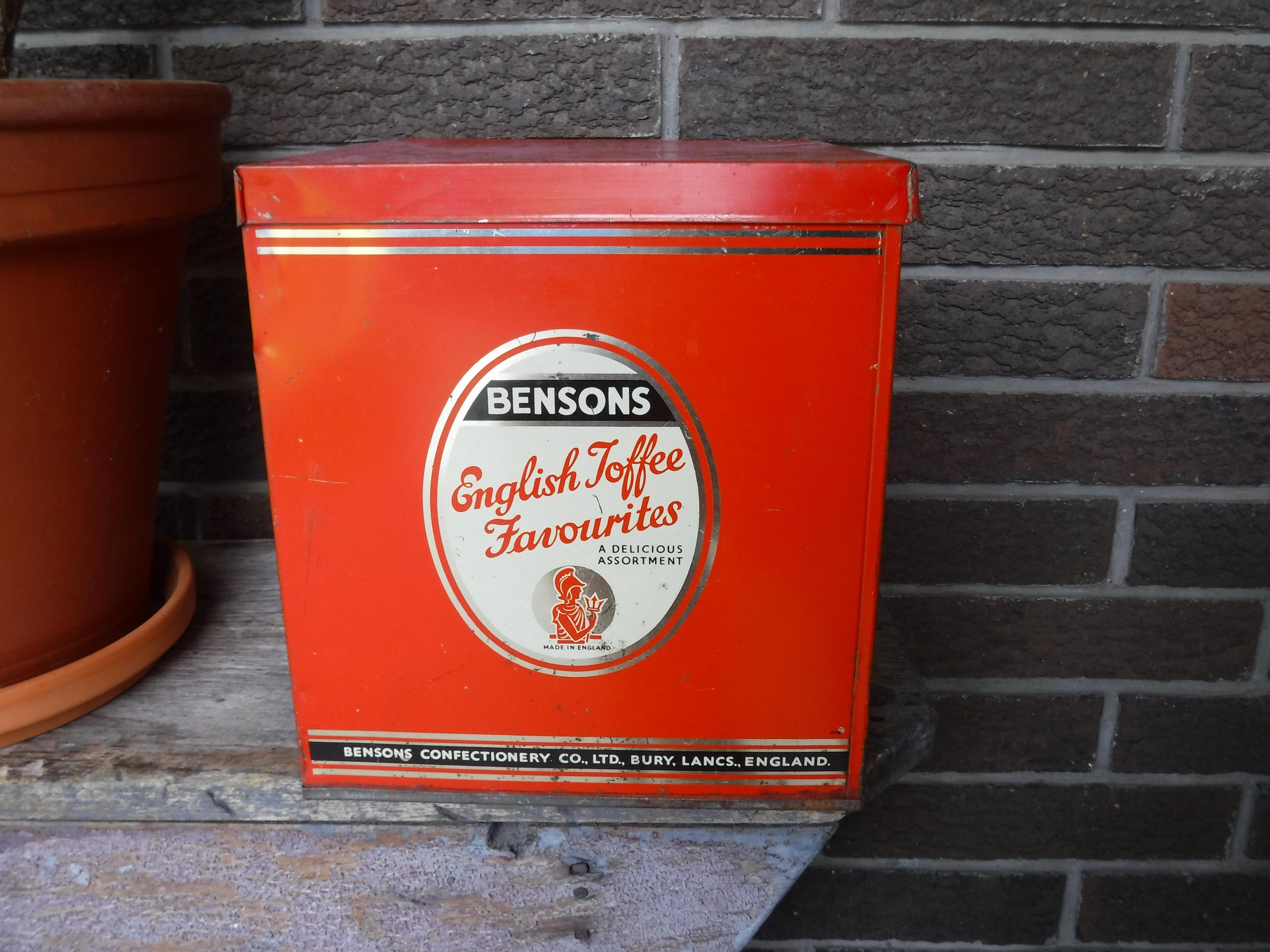 Vintage Old Advertising Tin Litho Box Bensons Toffee They're Delicious ...