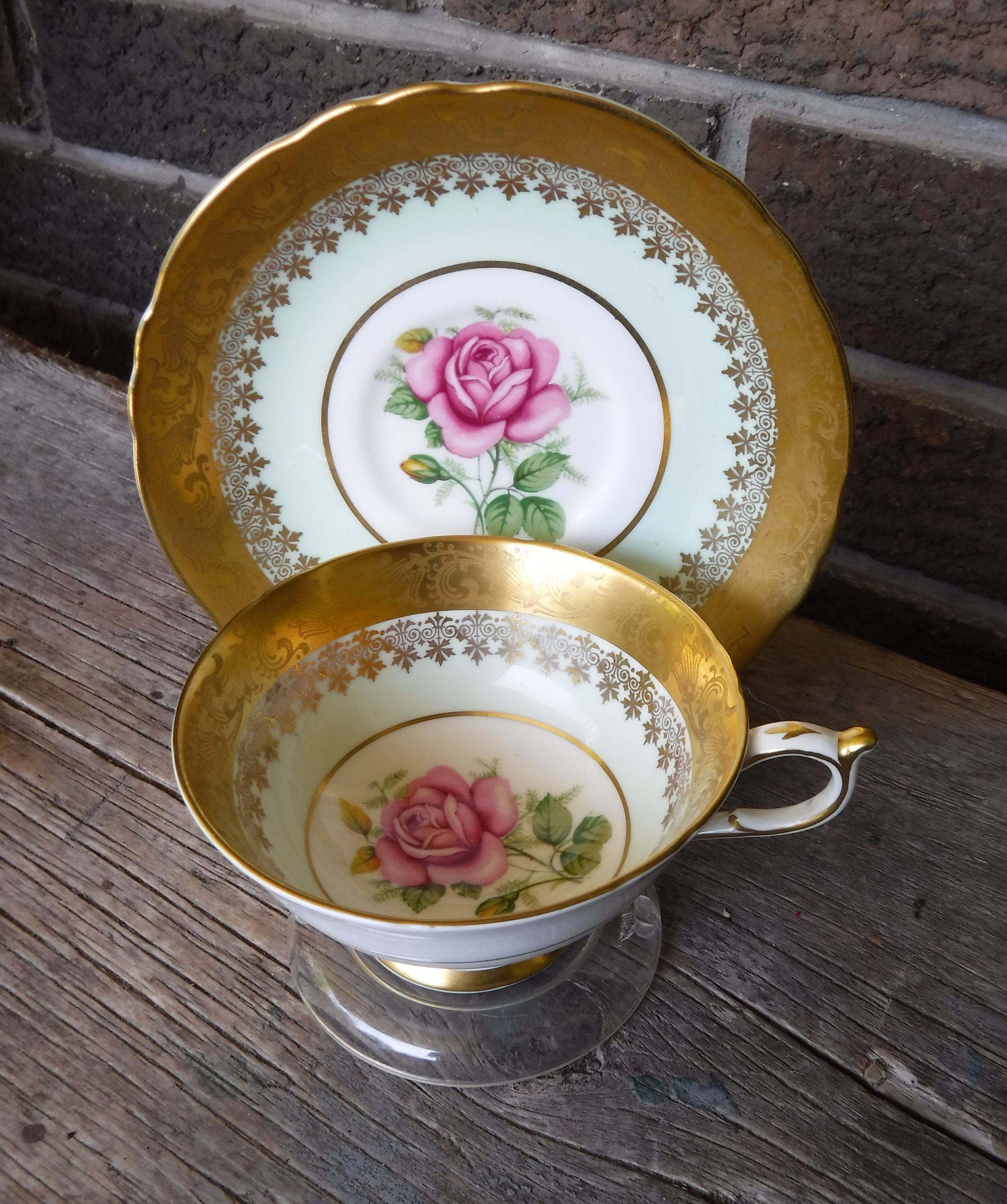Vintage Paragon Mint Green Heavy Gold Pink Cabbage Rose Tea Cup and ...