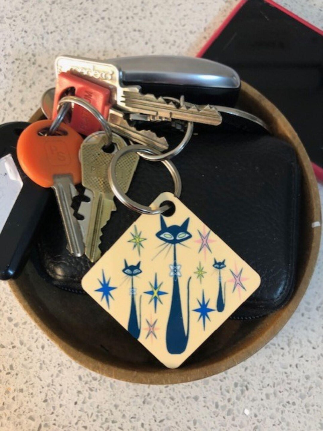 Atomic Cat Keychain Mid Century Modern Cute Beige Key Chain Retro Cat ...
