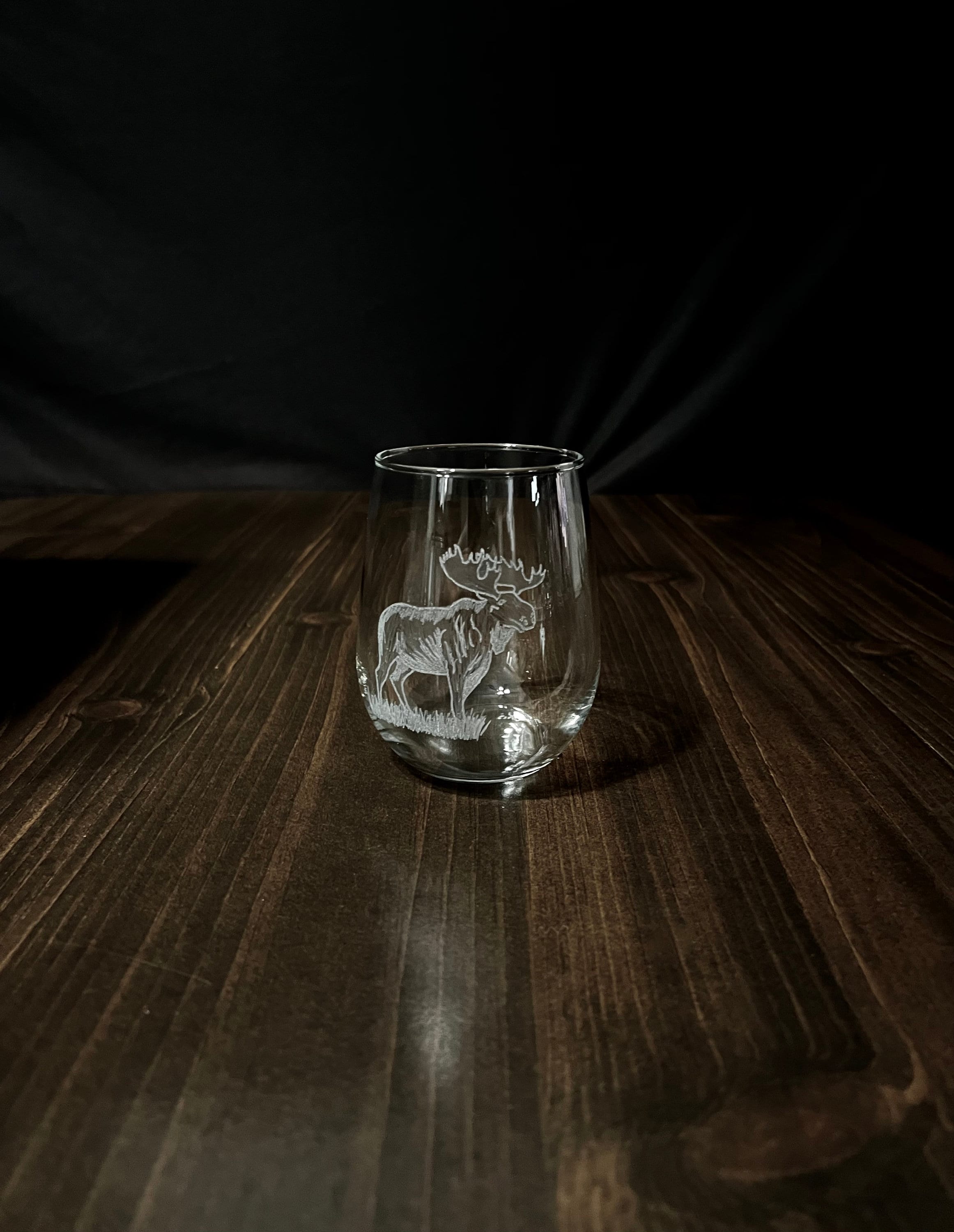 Hand Engraved Moose on a Stemless Wine Glass 17oz Capacity. Free ...