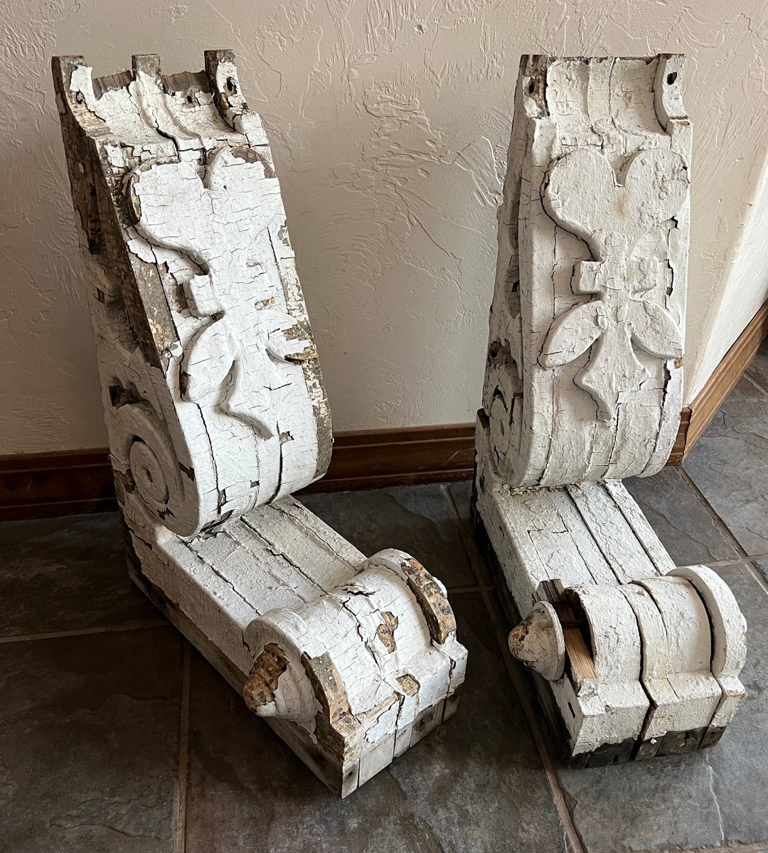 PAIR Large Antique Chippy White Corbels Very ORNATE Fantastic Old ...