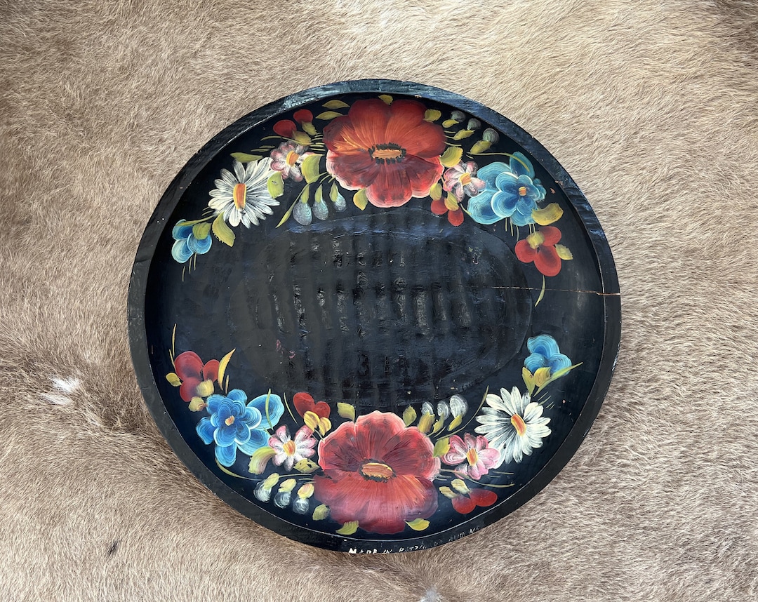 Vintage Mexican Batea Folk Art Tole Painted Wooden Bowl Tray Floral ...
