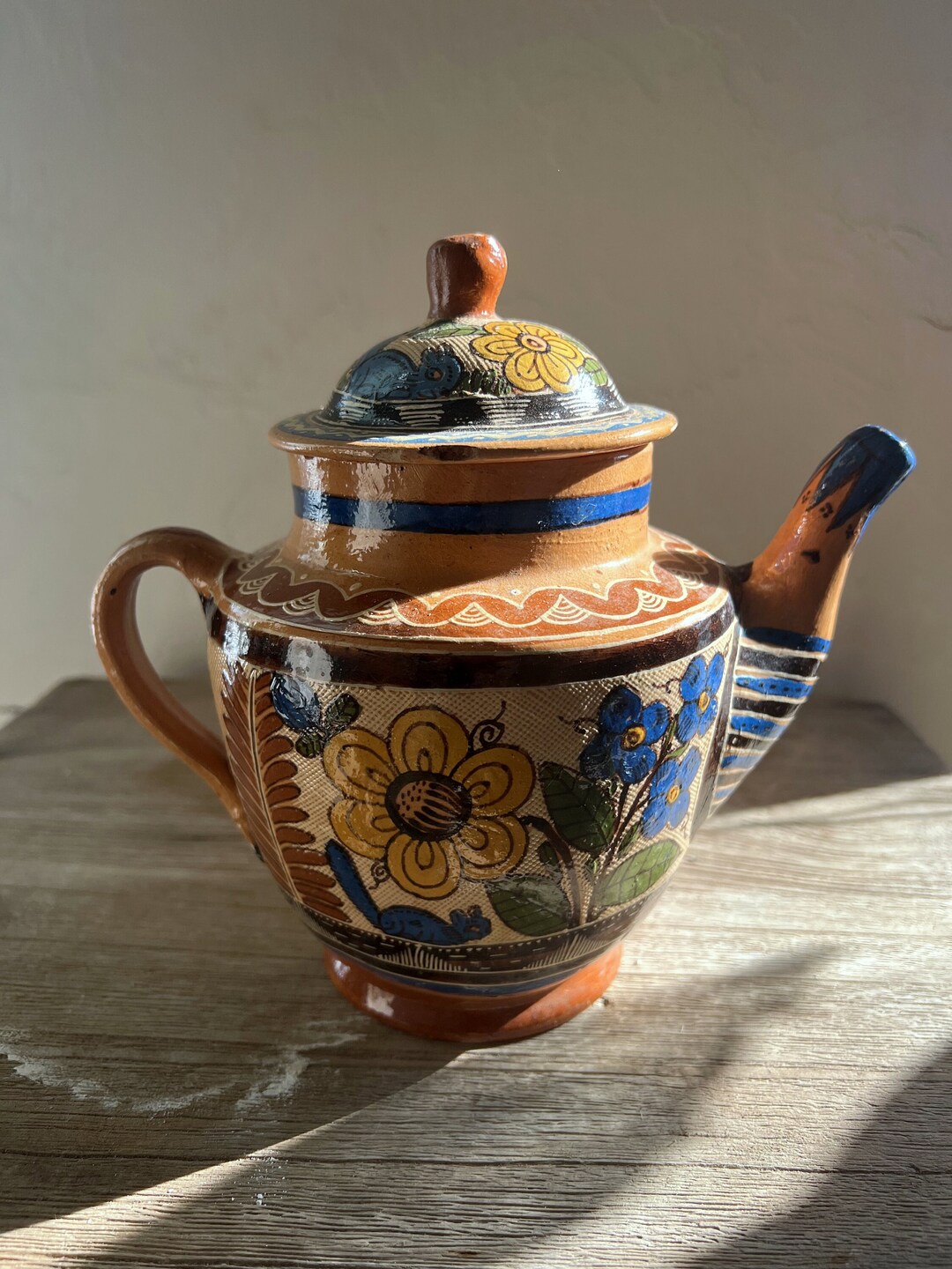 Vintage Mexican Tlaquepaque Tonala Petatillo Pottery Teapot - Blue ...