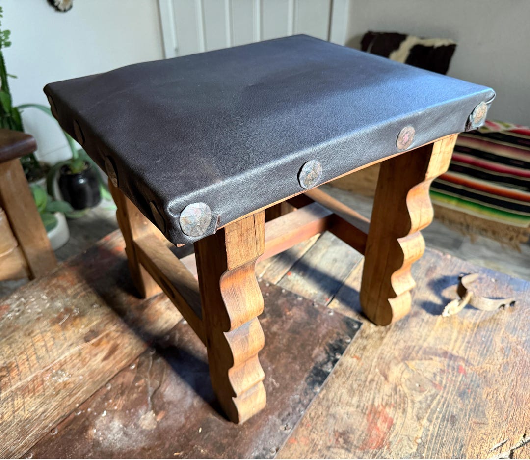 Vintage Mexican Bench Seat - Rustic Foot Rest - Leather With Iron Brads ...