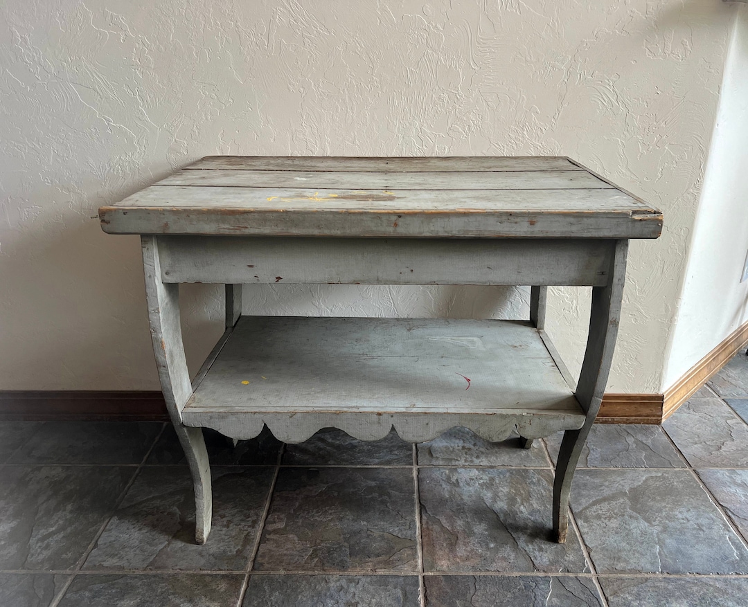 Antique Primitive Table With Shelf Old Patina Gray Paint Scalloped ...