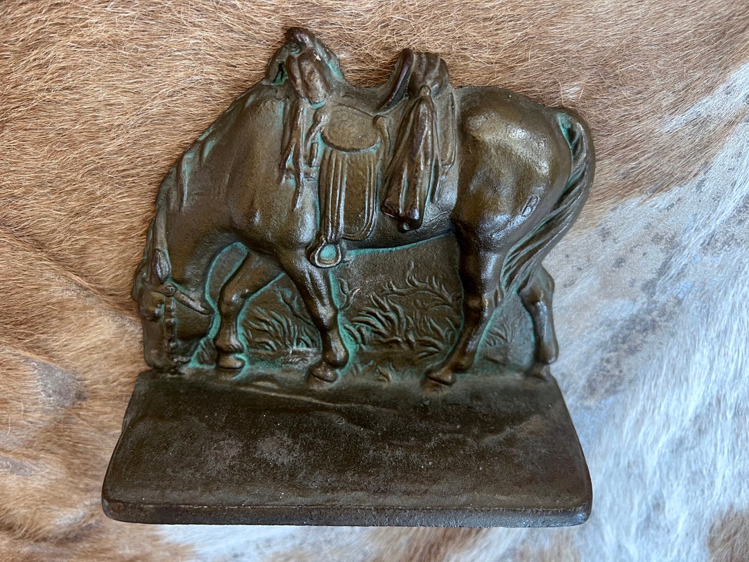 Vintage Cast Bronze Western Horse Bookend - Single - Cowboy Saddled ...