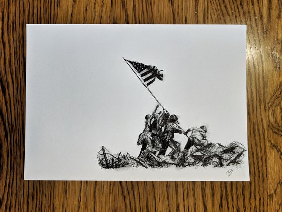 Original Ink Drawing Iwo Jima Flag Raising | Etsy