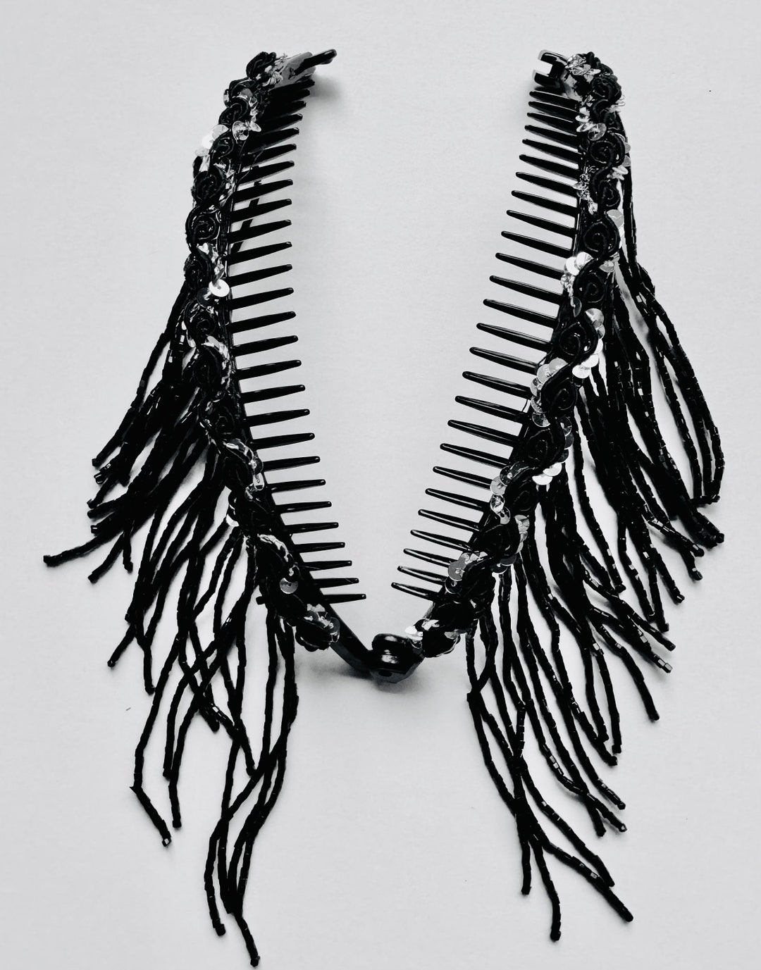 7 Inch Banana Clip W/ Black Beaded Fringe, Formal Hair Piece, Bling ...